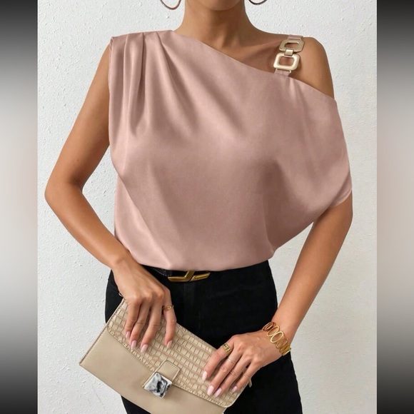 Tops | Ruched Baby Pink Asymmetrical Neck Chain Strap Blouse | Poshmark